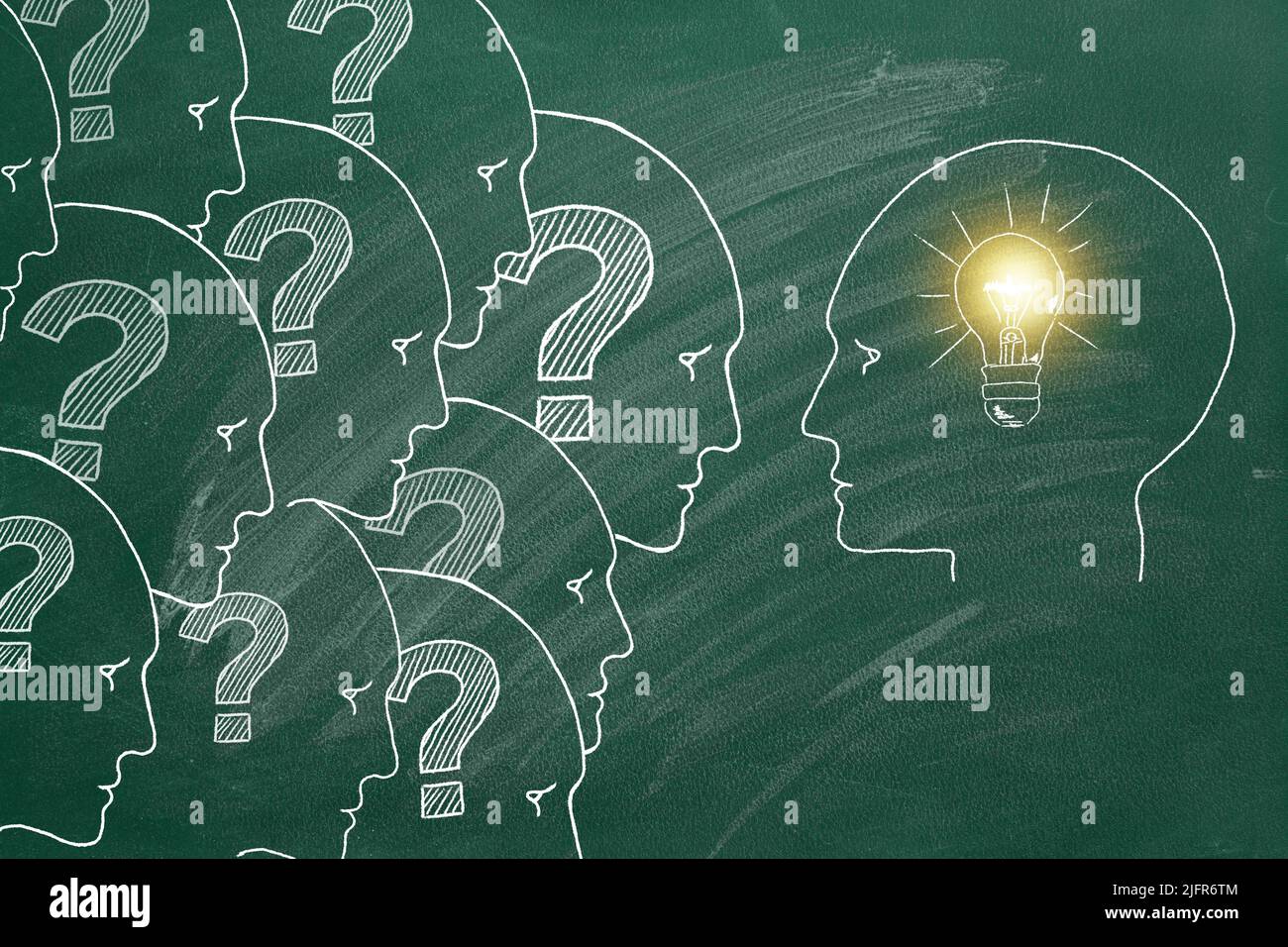 Human heads with question marks inside and one head with light bulb ...