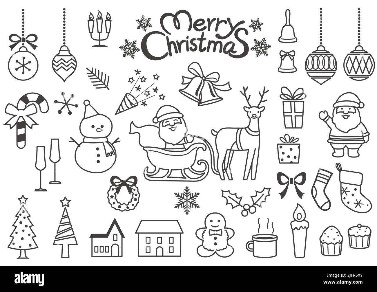 Christmas Elements Vector Line Drawing Set Isolated On A White ...
