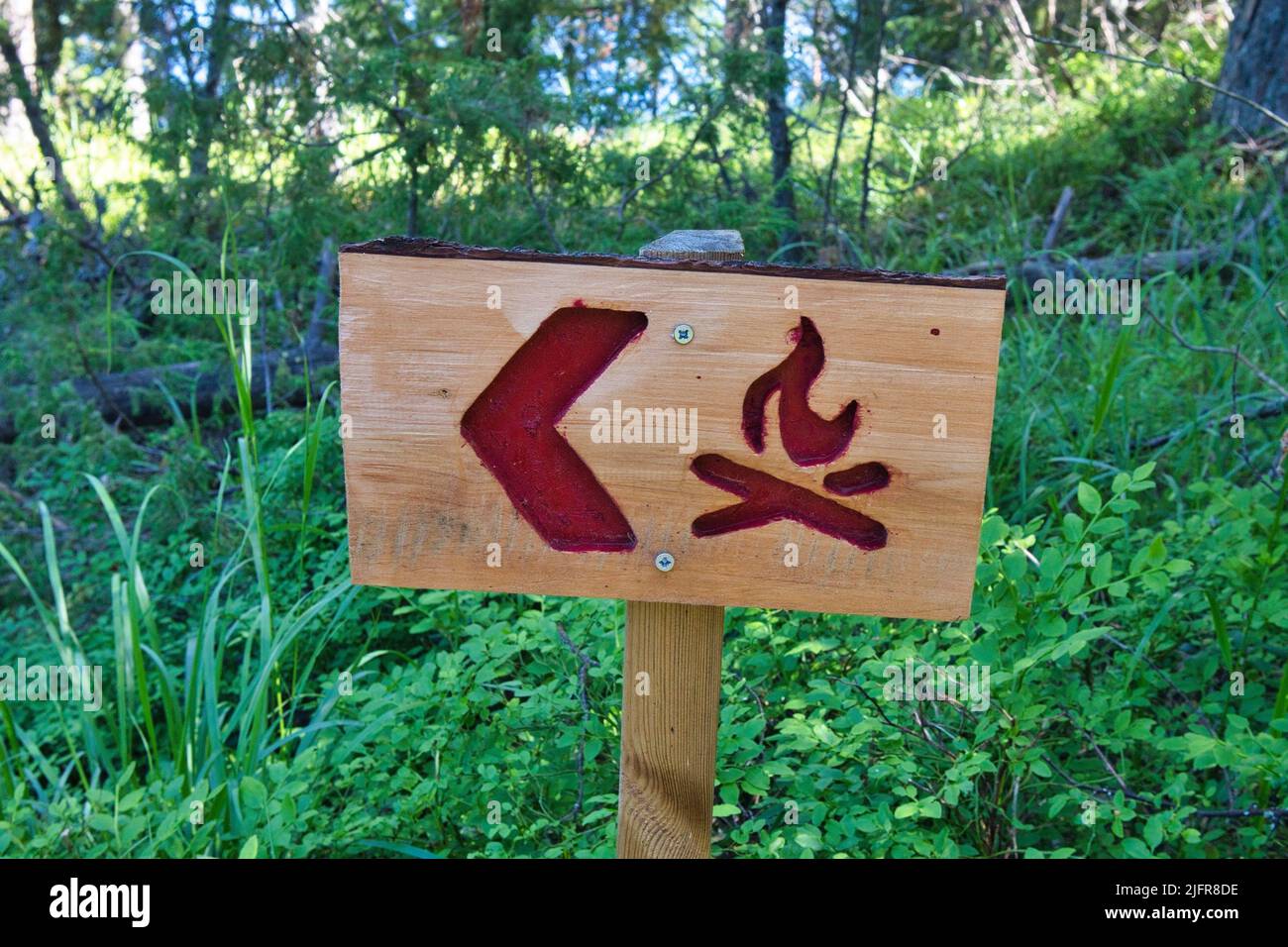 Campfire sign in the forest Stock Photo - Alamy