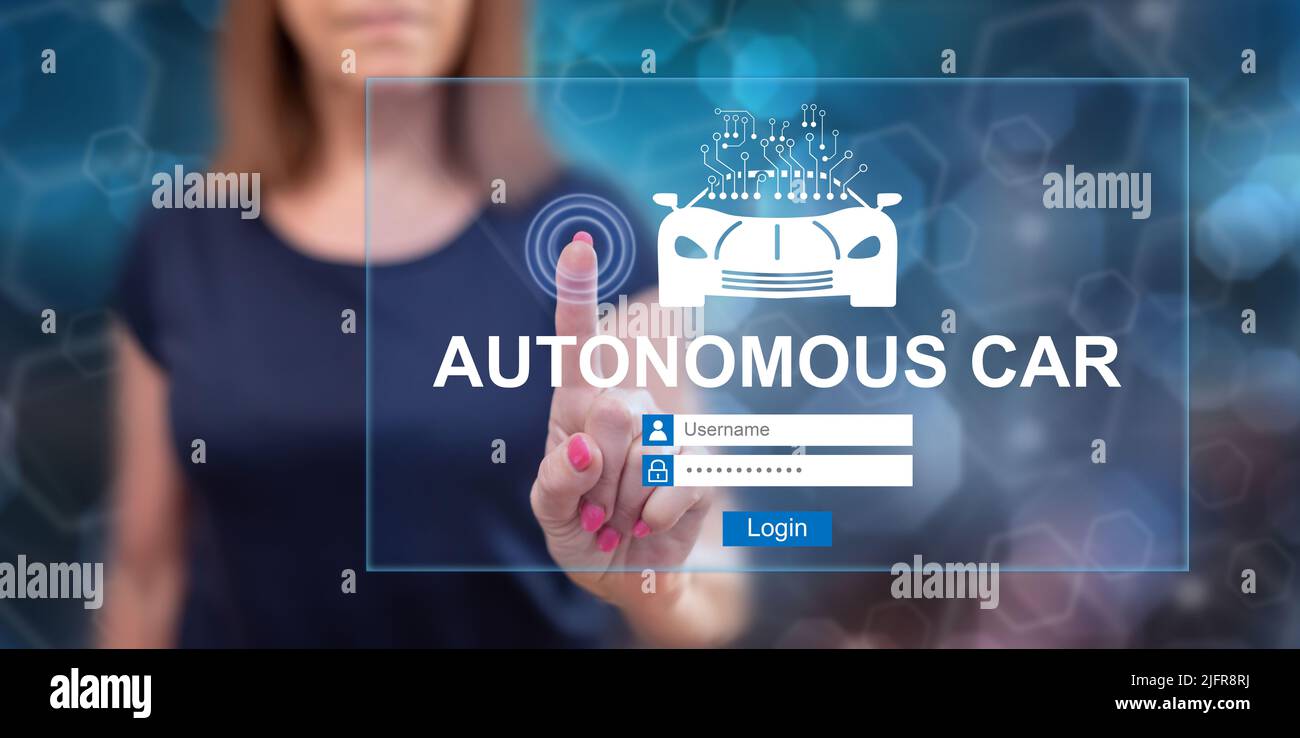 Woman touching an autonomous car concept on a touch screen with her ...