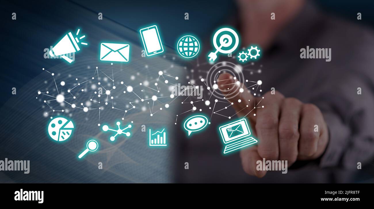 Man touching a digital marketing concept on a touch screen with his ...