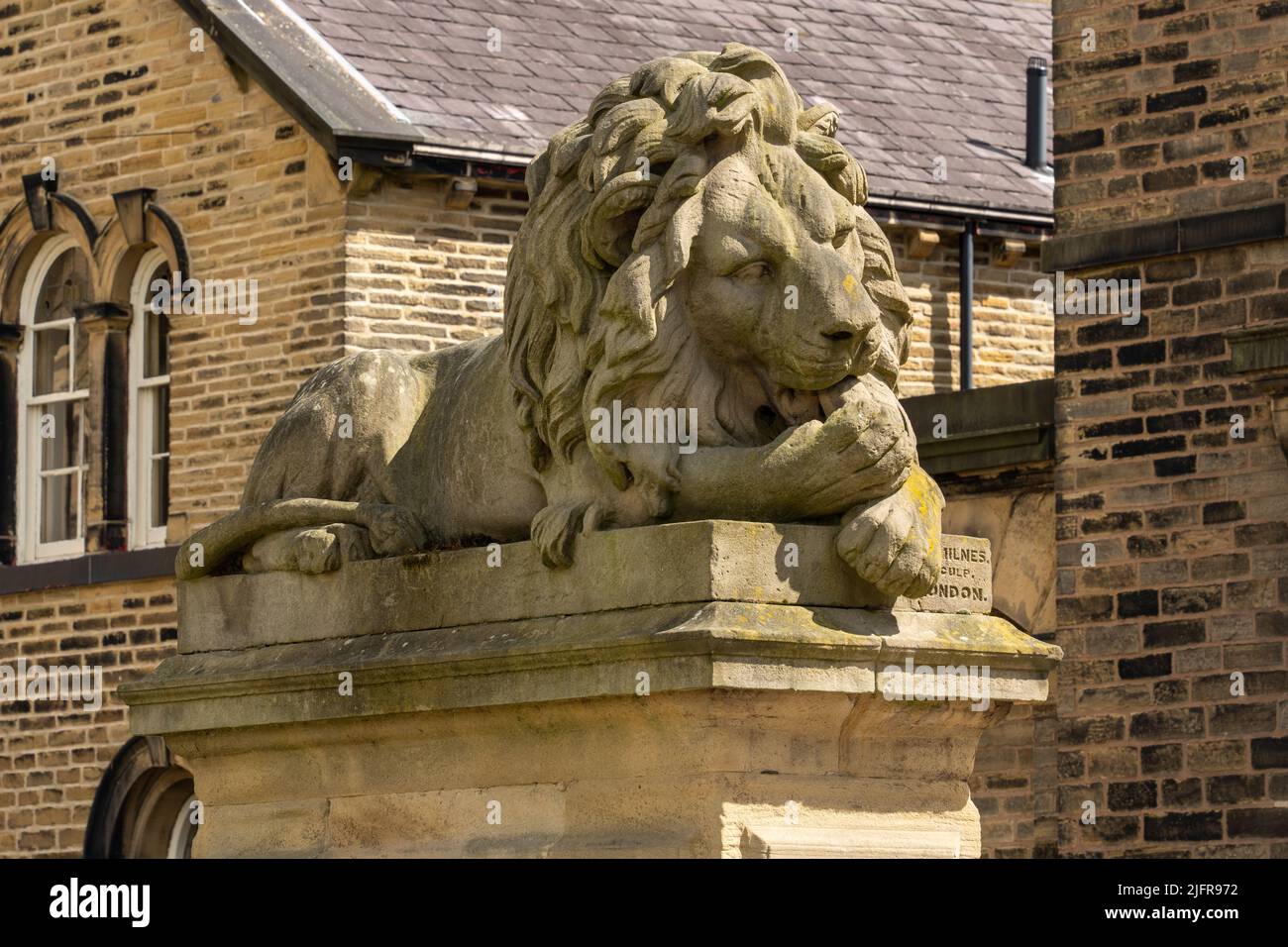 "Peace", one of four lion sculptures, by Thomas Milnes, installed 1869, outside of the Victoria ...