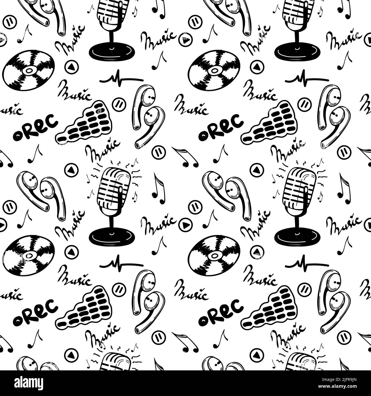 A seamless pattern of music symbols, hand-drawn doodle-style elements ...