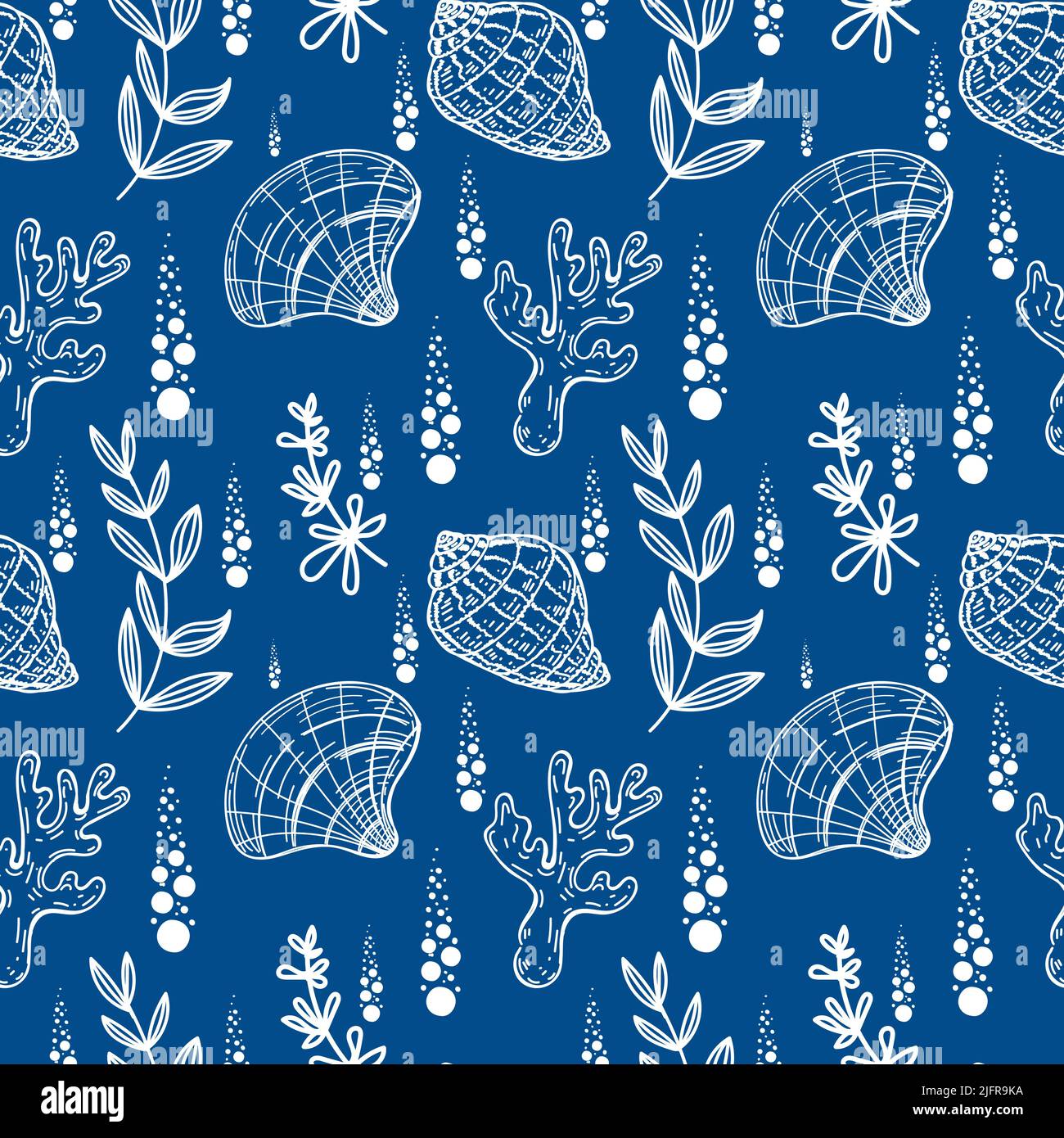 Seamless pattern, hand-drawn sea creatures in sketch style. Shells ...