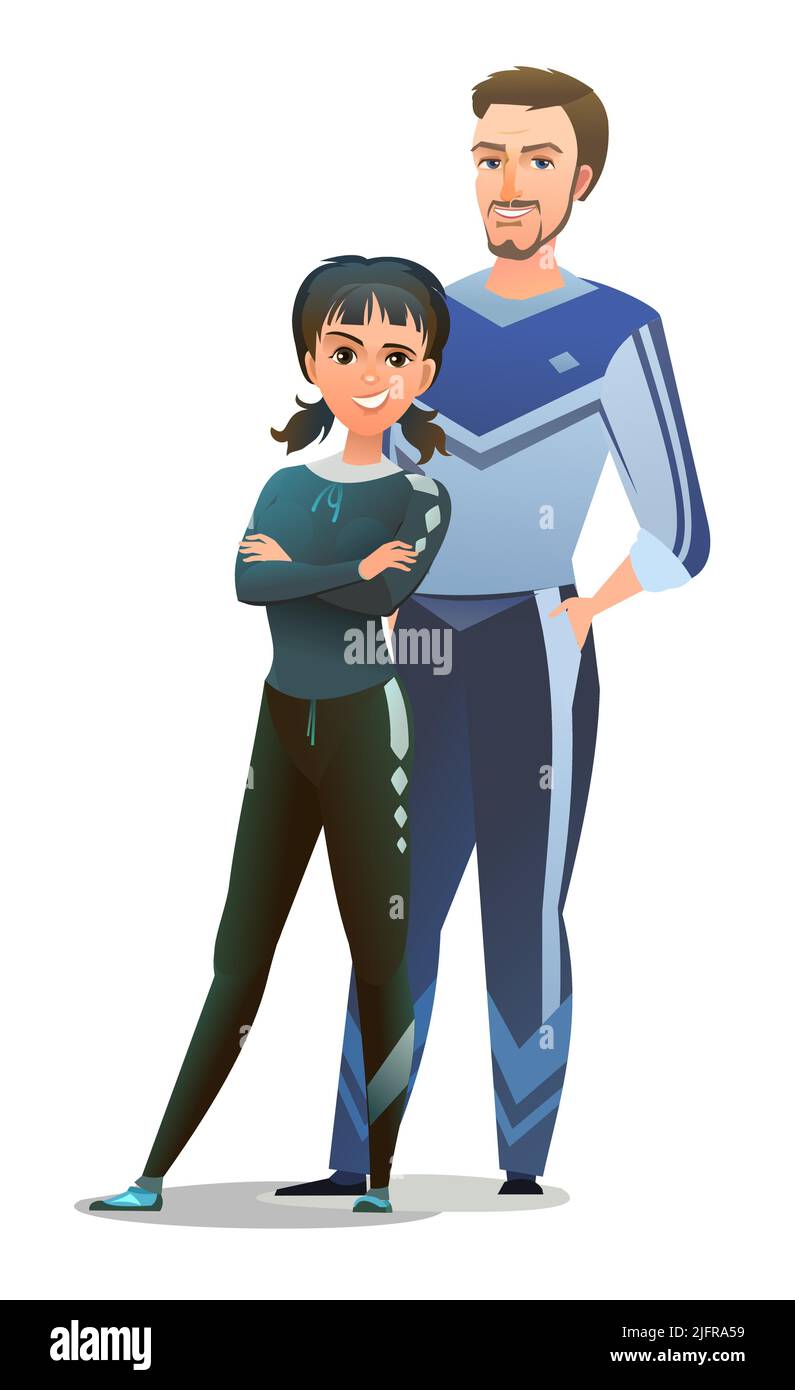 Man and woman in tracksuit. Got ready for sports activities. Cheerful ...