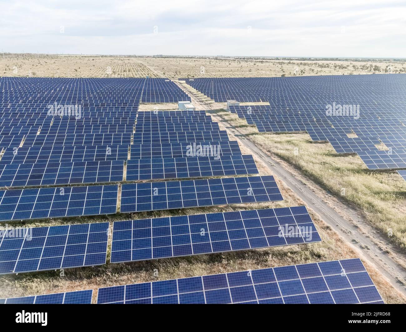 Aerial top view of a solar panels power plant. Photovoltaic solar ...