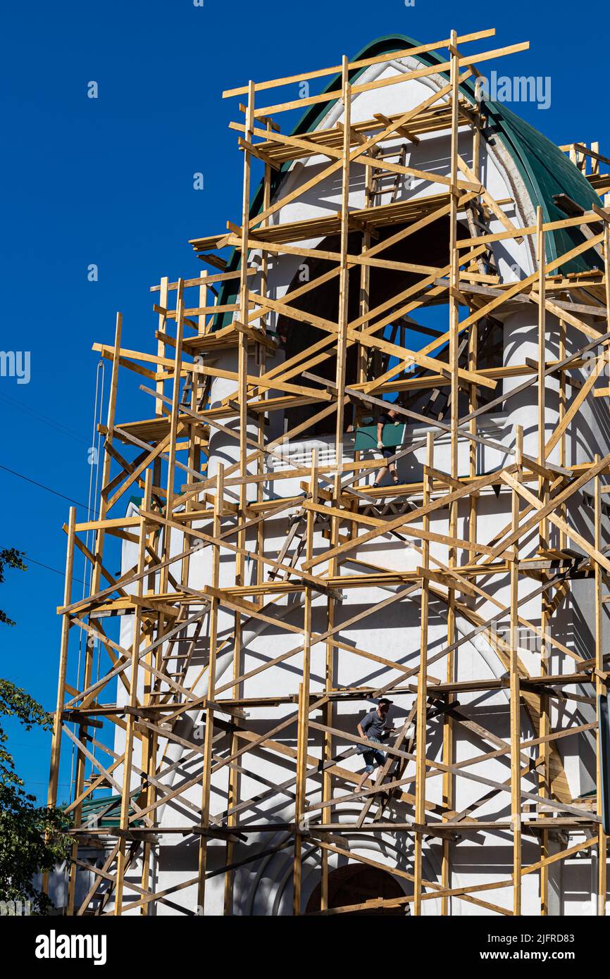 Moscow, Russia - July 01, 2022: scaffolding erected around the temple ...