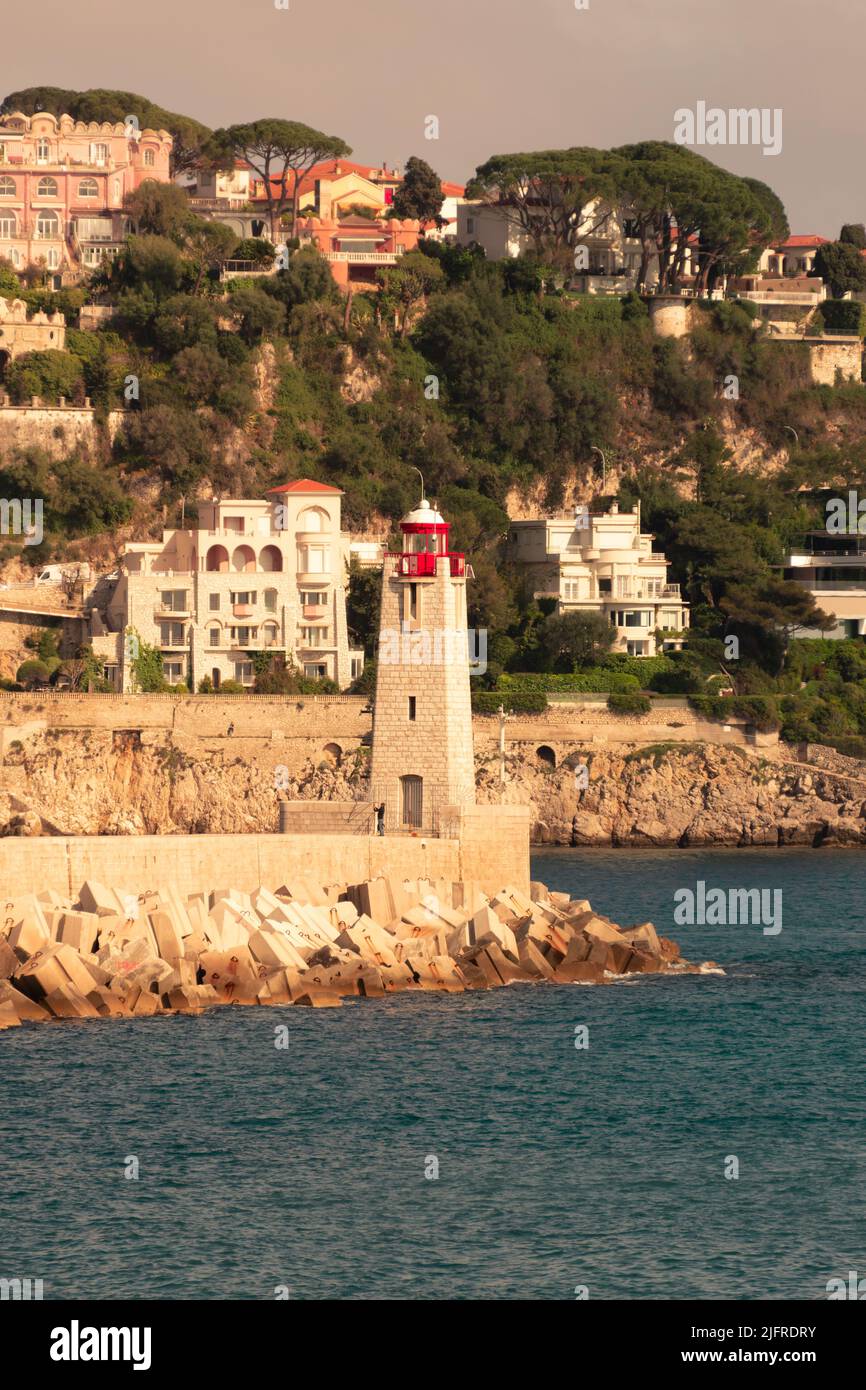 Nice, France, April 2022. The Nice's lighthouse from the port entrance ...