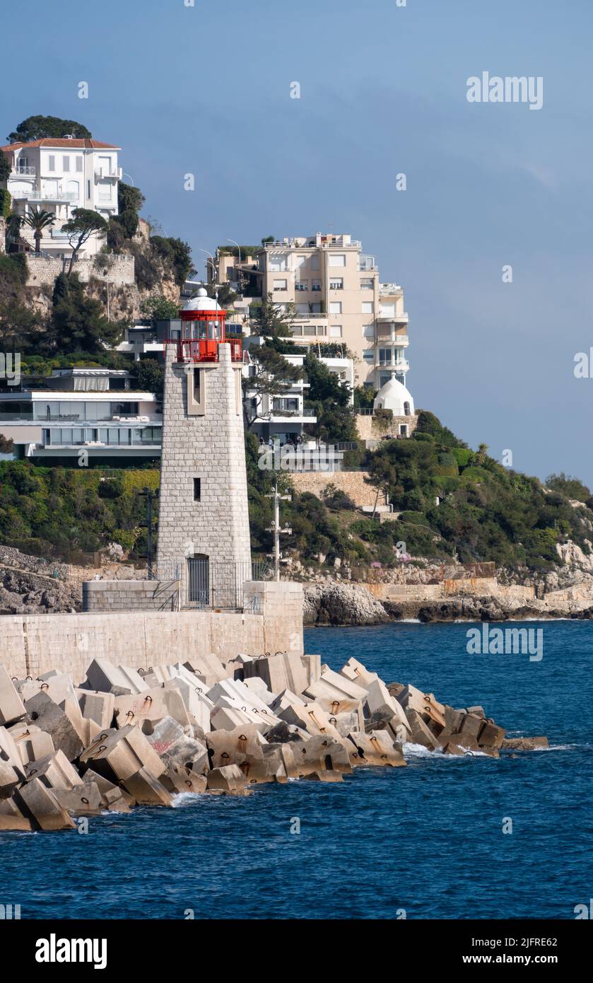 Nice, France, April 2022. Vertical picture of the lighthouse, the blue ...