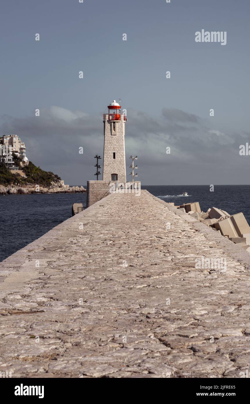 Nice, France, April 2022. The stone path which led to the lighthouse ...