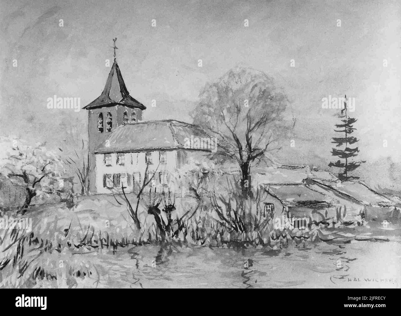 church with farms Stock Photo - Alamy