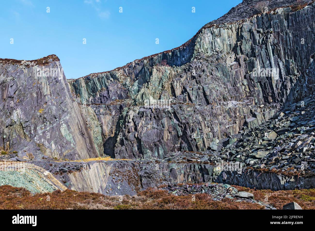 Cliffs formed from slate quarrying in Dinorwig Slate Quarry near ...