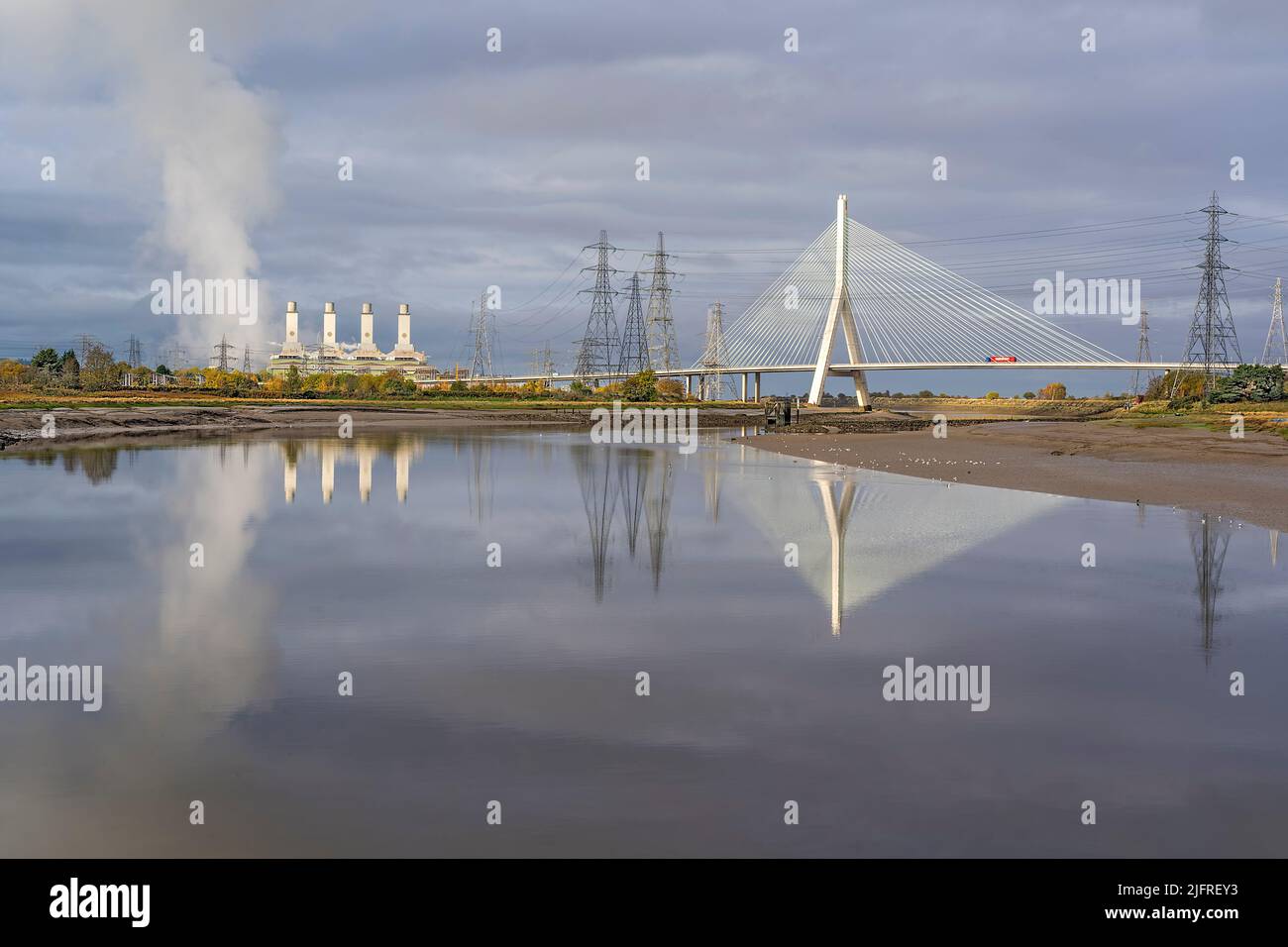 Flintshire Bridge over the River Dee with Flint gas fired power station ...