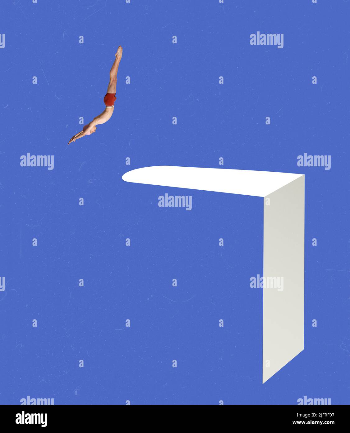 Contemporary art collage. Creative design with young man diving from ...