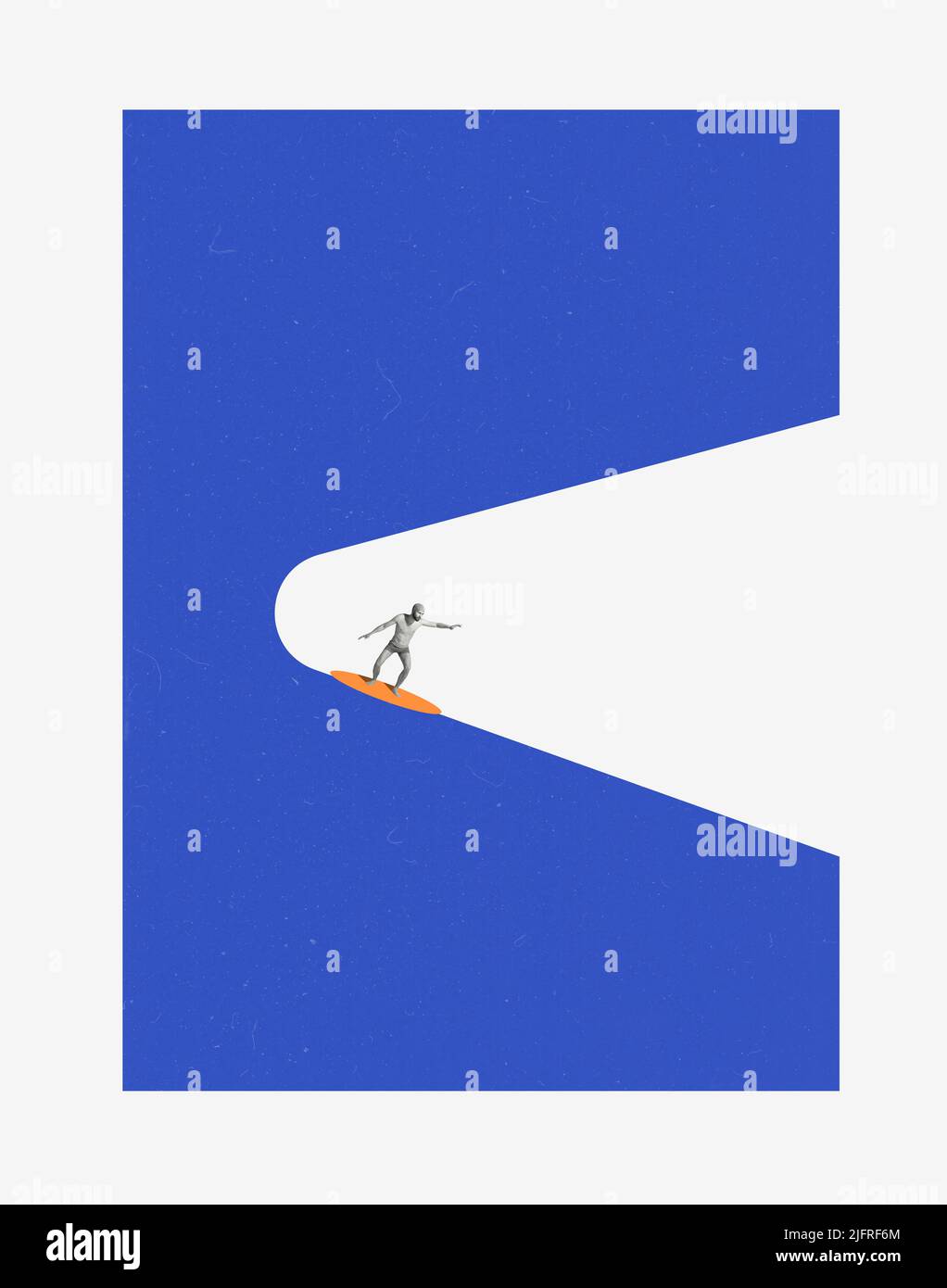 Contemporary art collage. Young active man in swimming cap surfing on ...