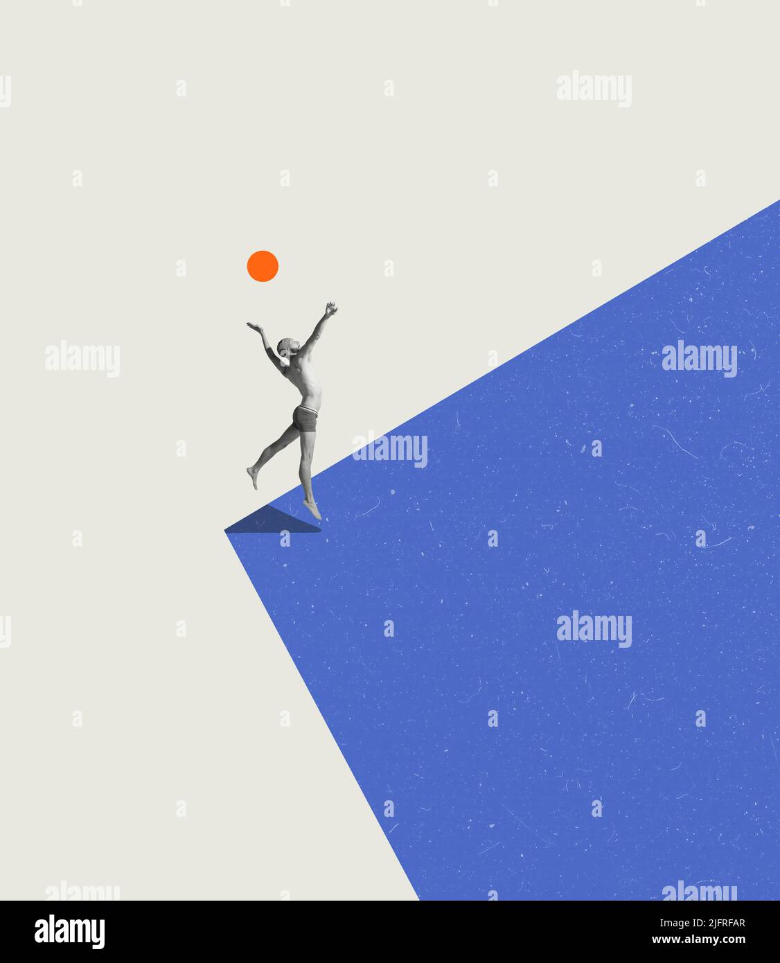 Contemporary art collage. Young man in swimming cap playing beach ...