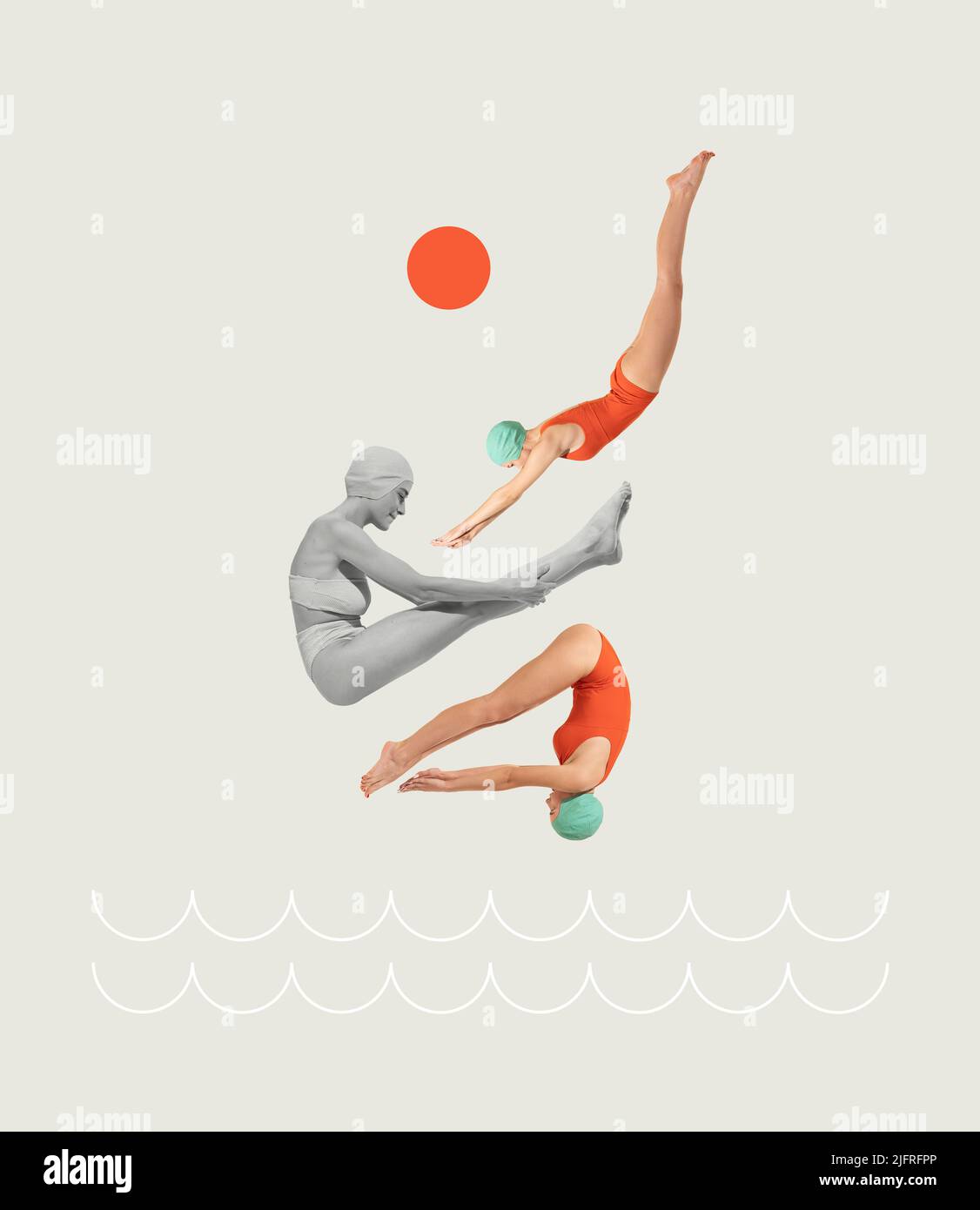 Contemporary art collage. Girls in retro style swimming suit and cap ...