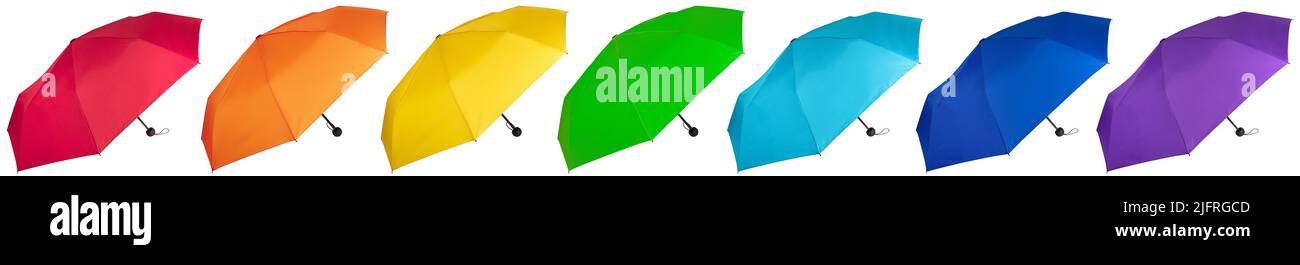 Set of rainbow colors umbrellas isolated on white background. Side view ...