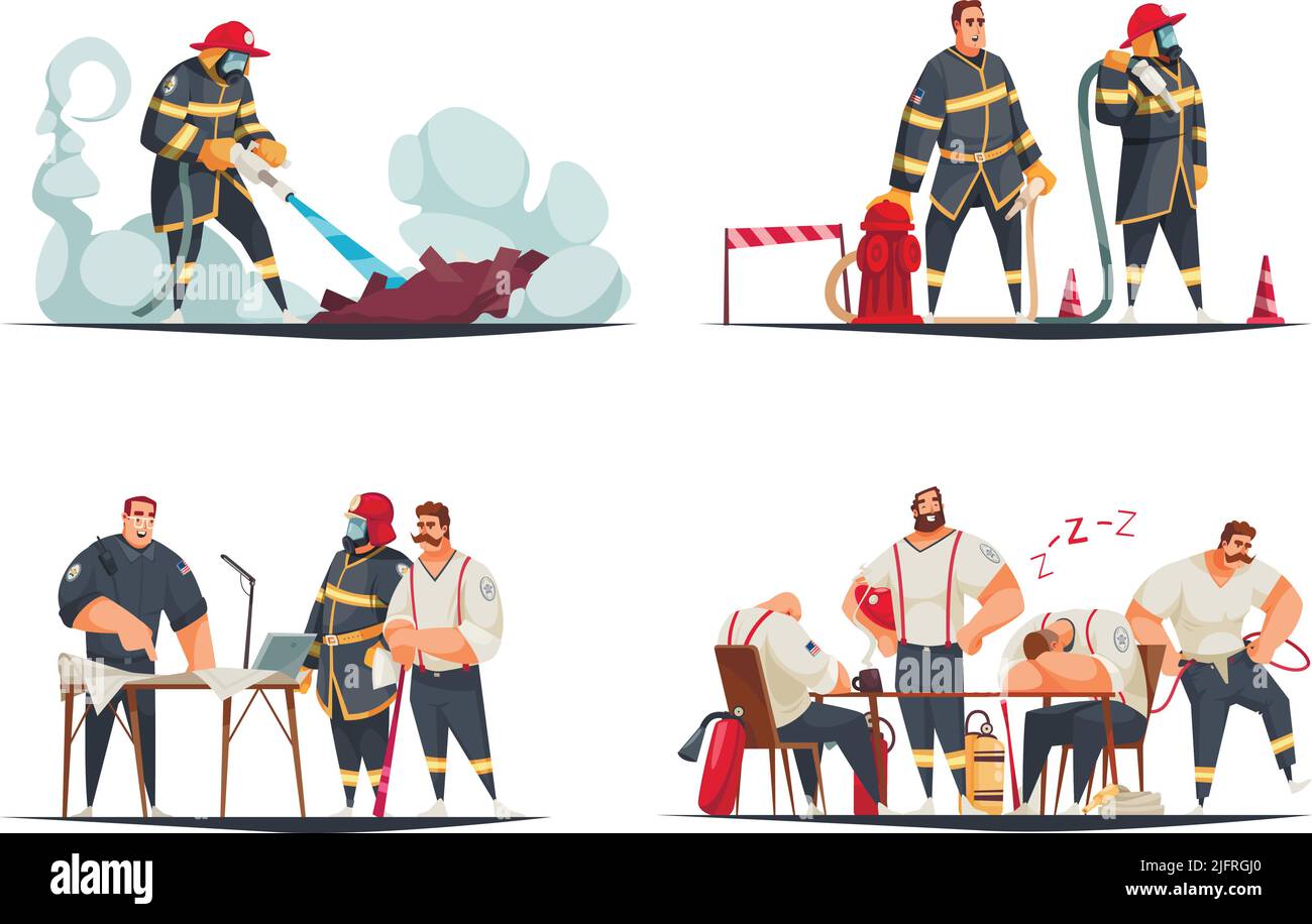 Cartoon set of compositions with male firefighters at work isolated on ...