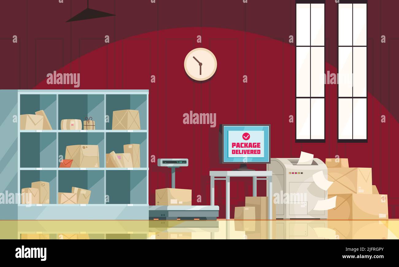 Post office interior with delivered packages storage parcel on scales ...