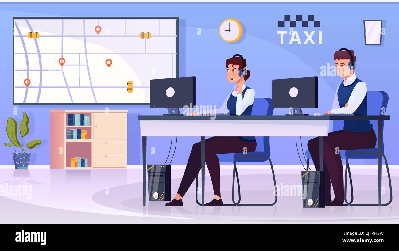 Two taxi dispatchers working in the office flat vector illustration ...