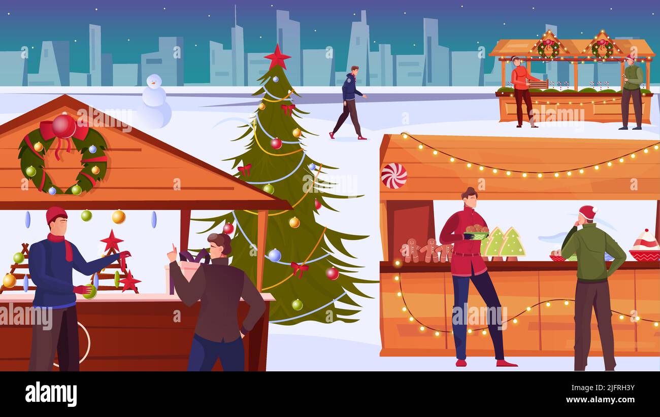 Christmas market flat background with people near outdoor souvenir ...