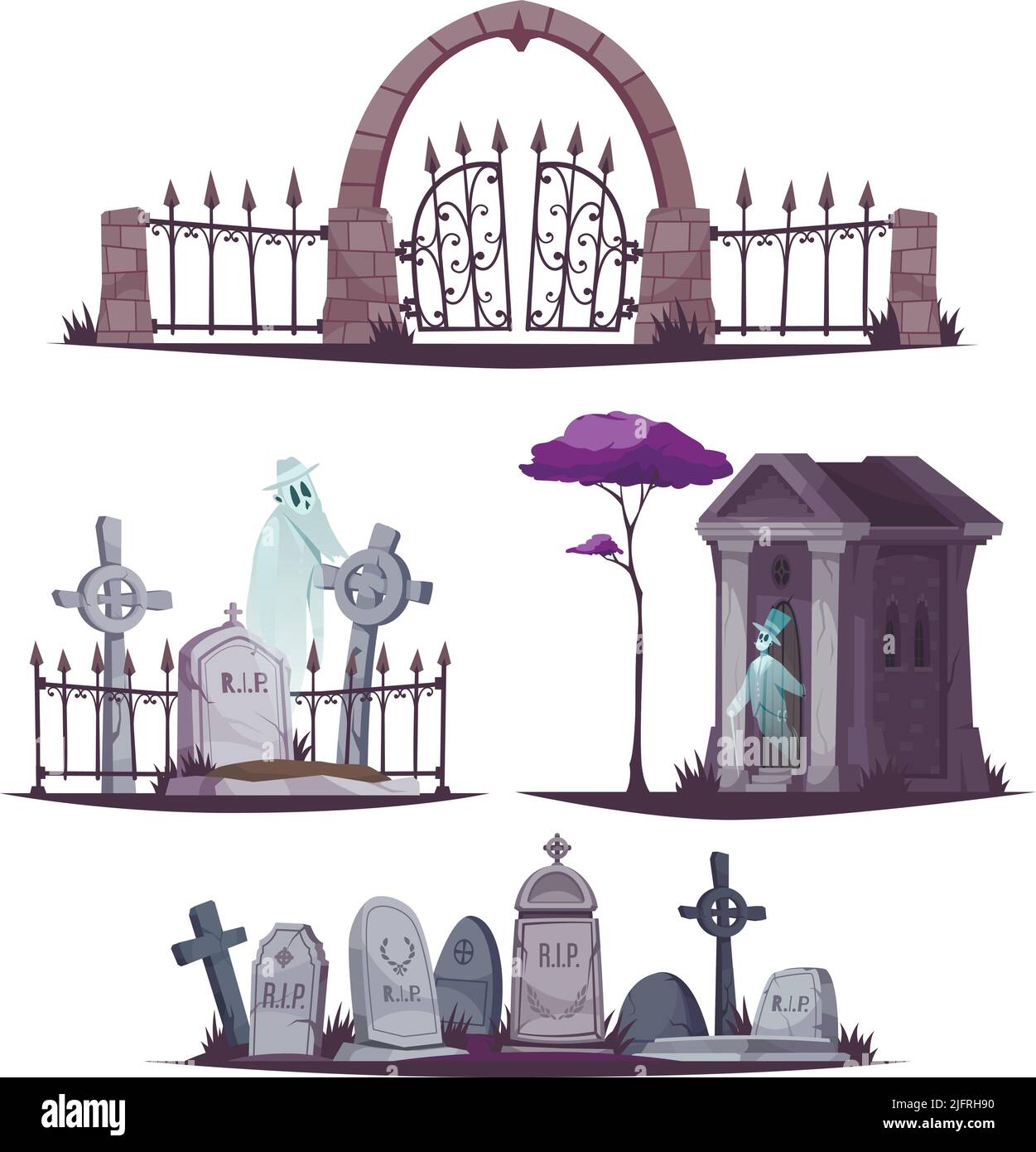 Old cemetery cartoon compositions with gravestones fence and ghosts ...