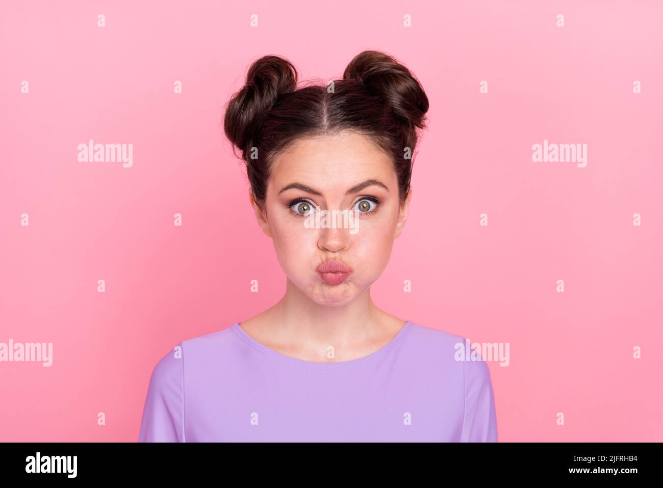 Portrait of attractive funny girl blowing cheeks fooling tease isolated ...