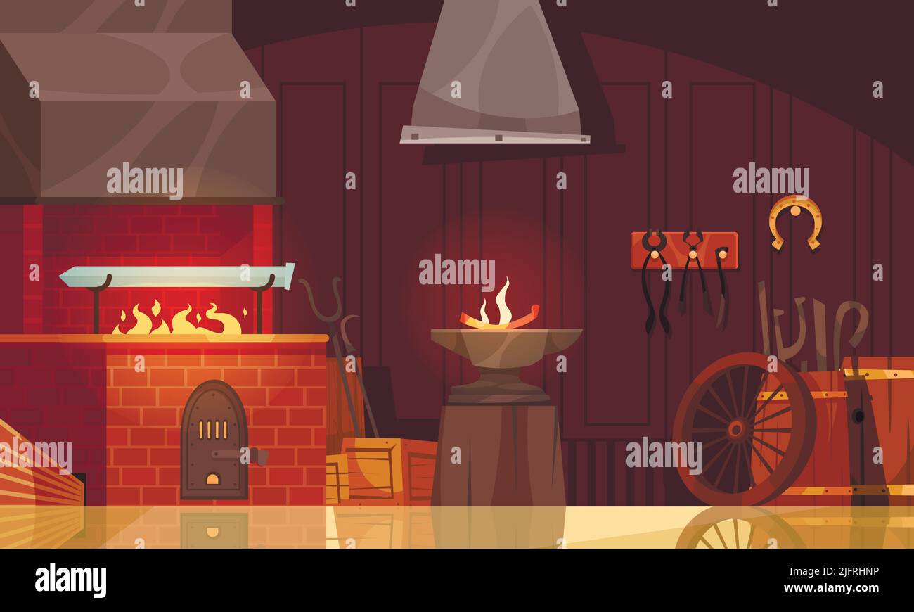 Blacksmith workshop interior view with custom made sword blade in forge ...