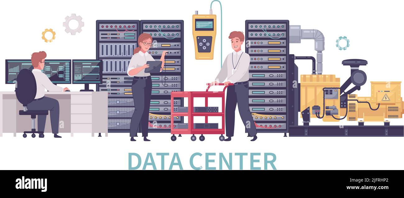 Datacenter cartoon composition with gear icons and characters of ...