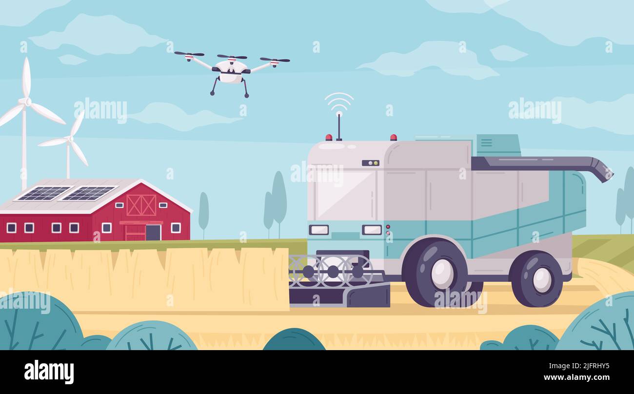 Smart farming cartoon composition with view of agricultural buildings ...