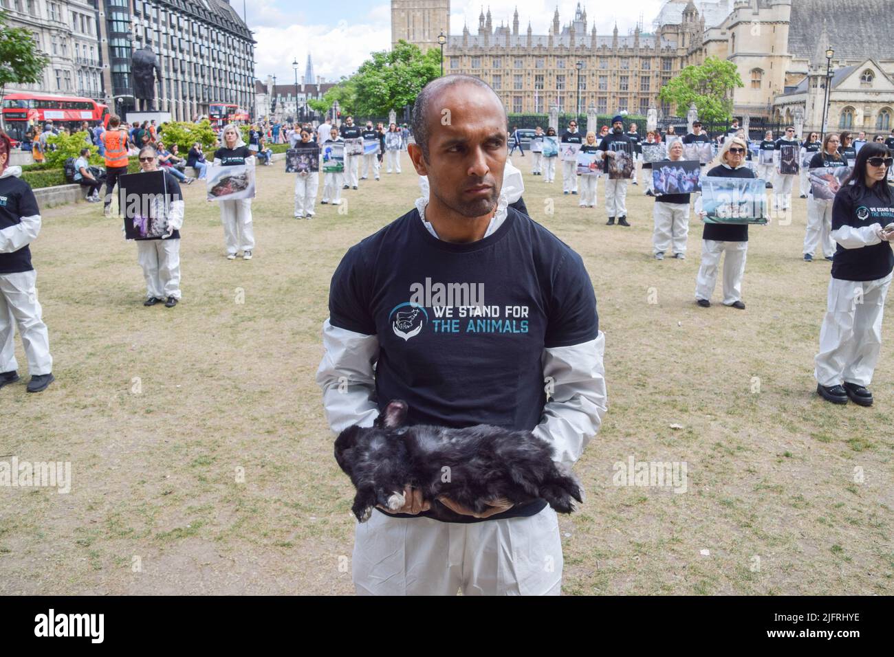 London, UK. 3rd July 2022. An activist holds a dead rabbit. Animal ...