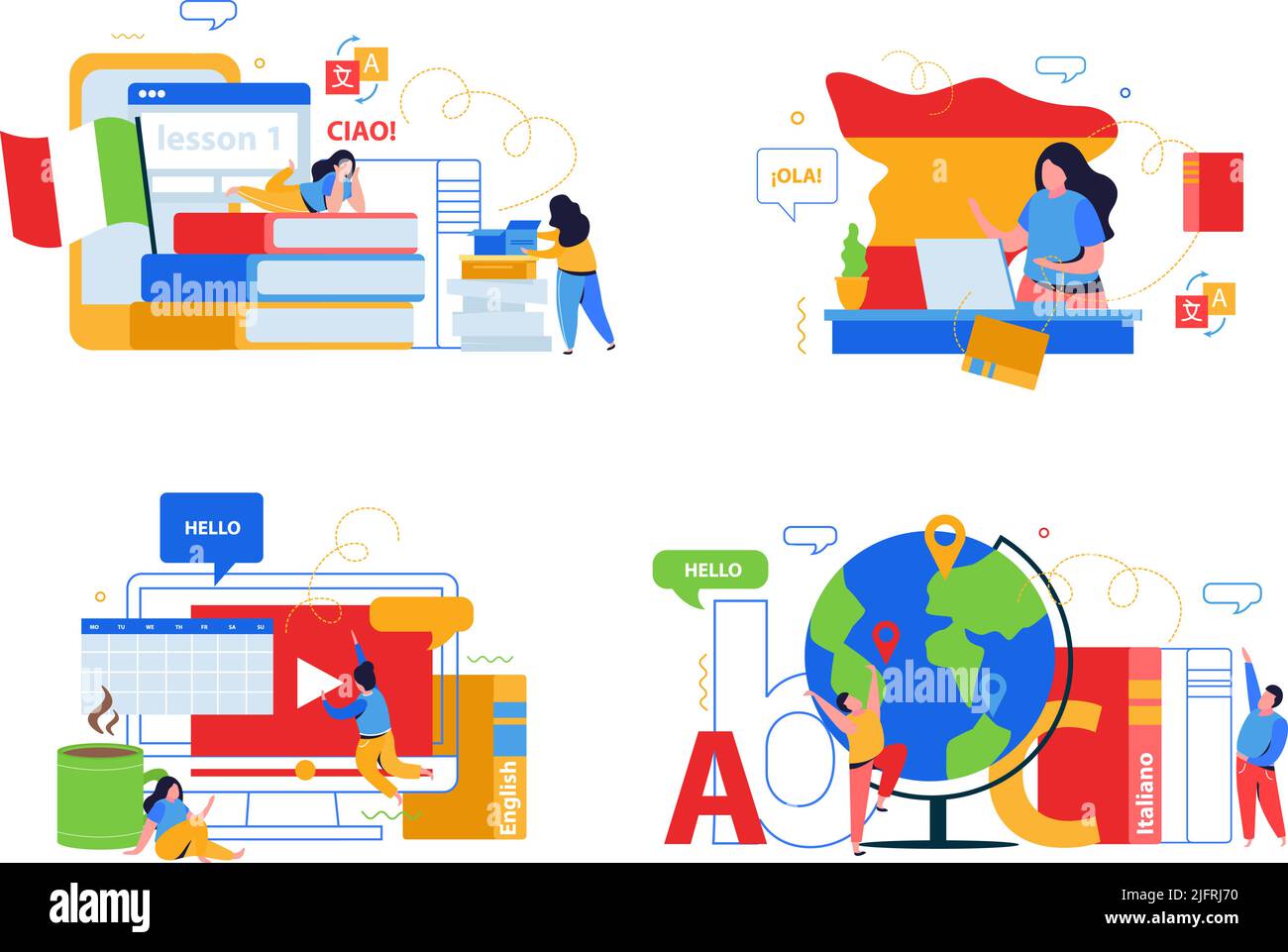 Language school 2x2 design concept set of flat compositions with people ...