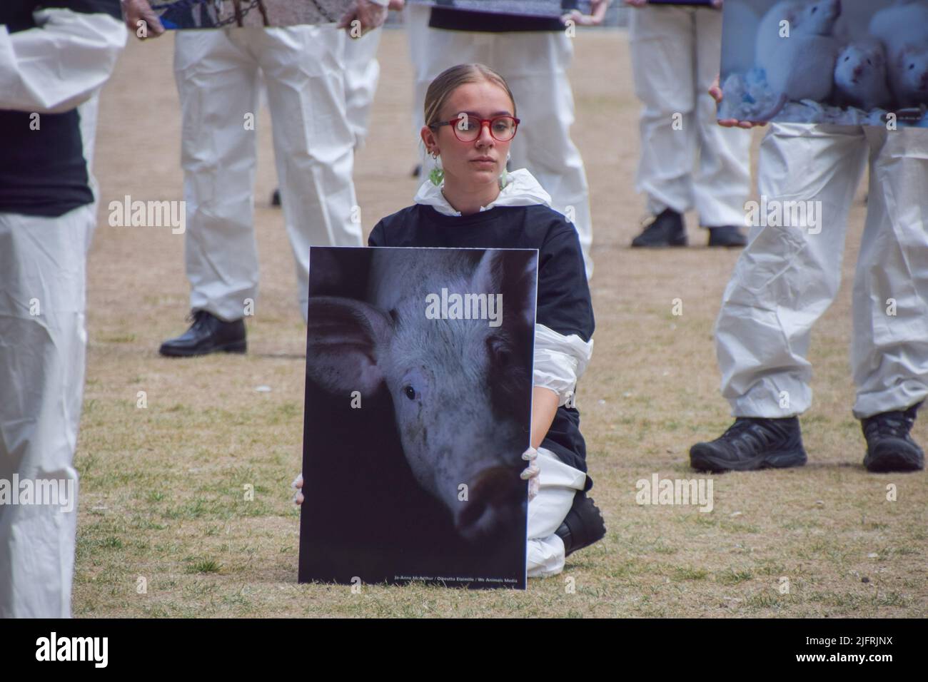 London, UK. 3rd July 2022. An activist holds a picture of a pig in a ...