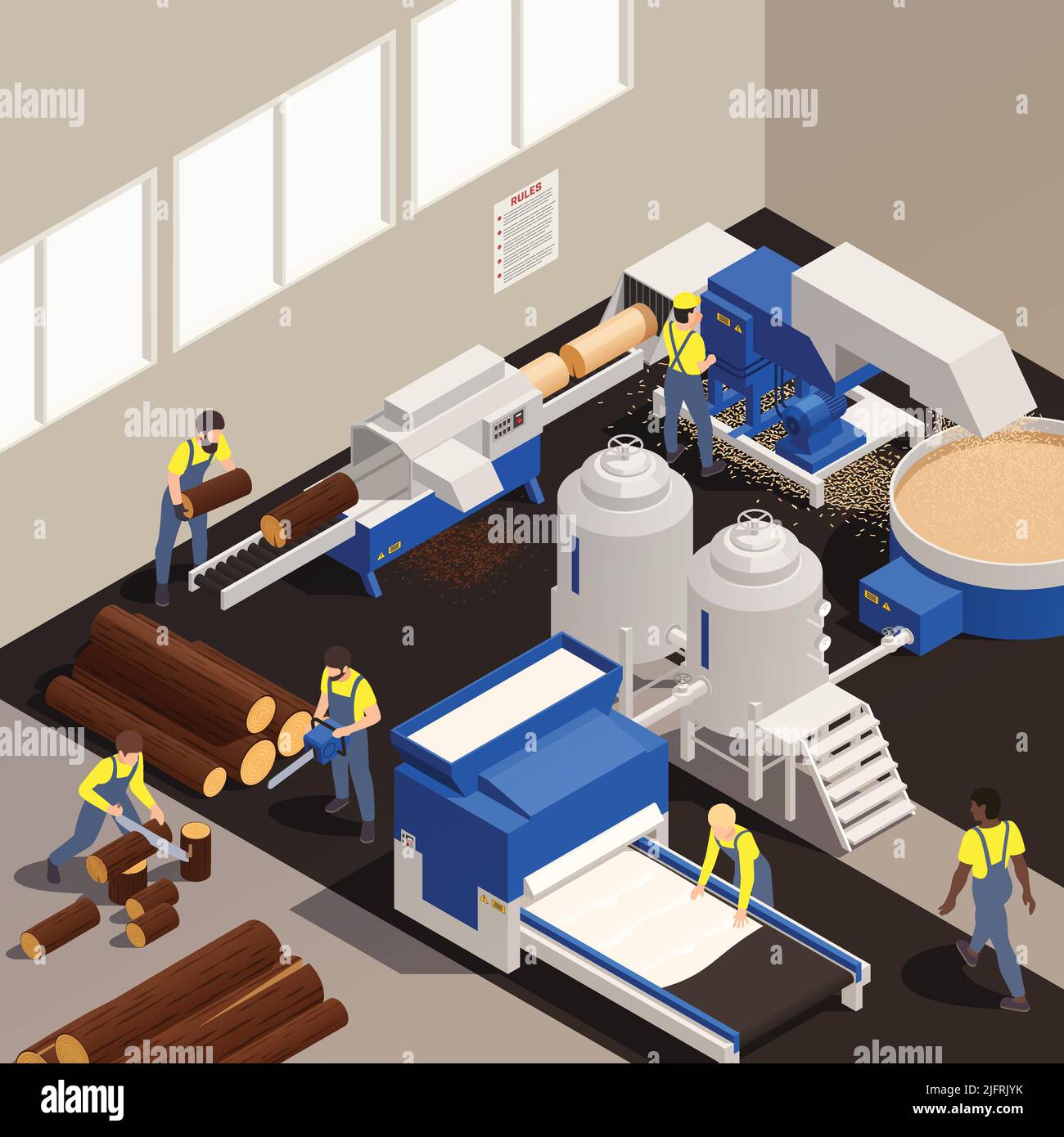 Paper production isometric composition with workers work in a factory ...
