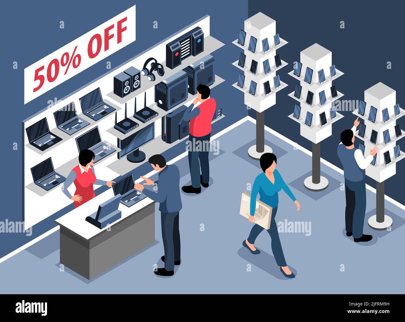 Isometric gadget shop horizontal composition with indoor view of ...