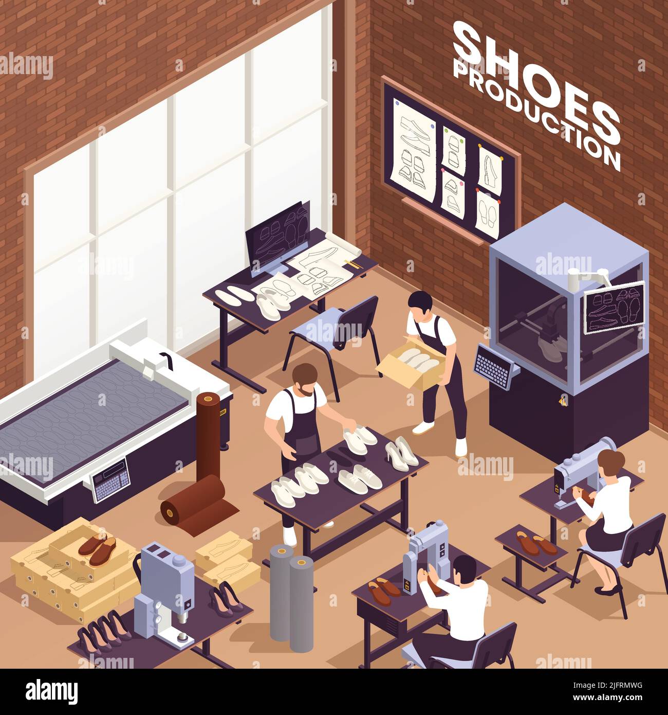 Shoes production background with footwear manufacturing symbols ...