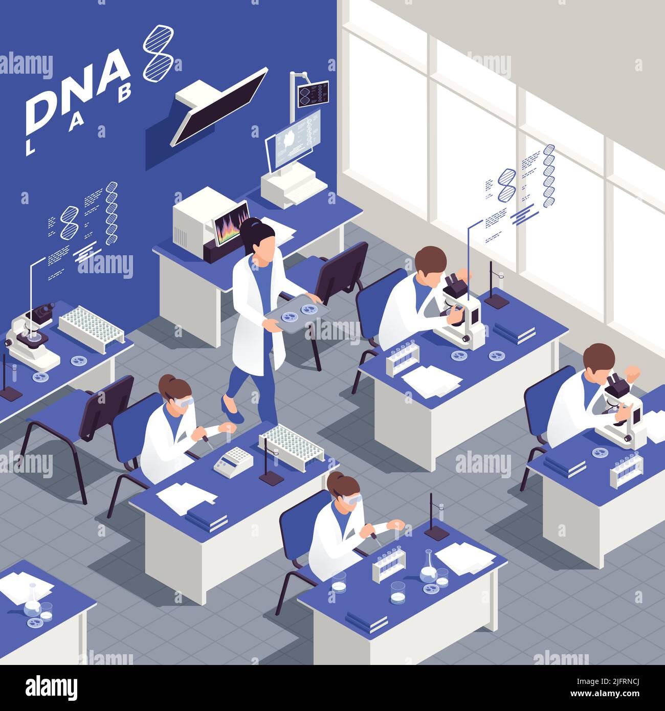Genetic engineering isometric background with DNA lab symbols vector ...