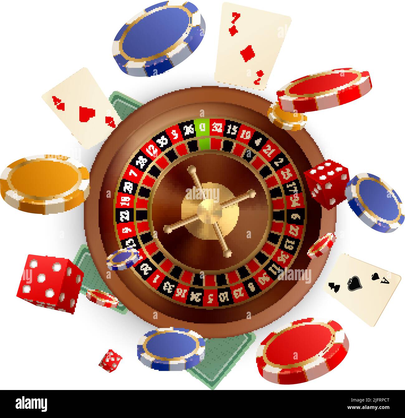 Casino realistic background with top view of roulette wheel in center ...