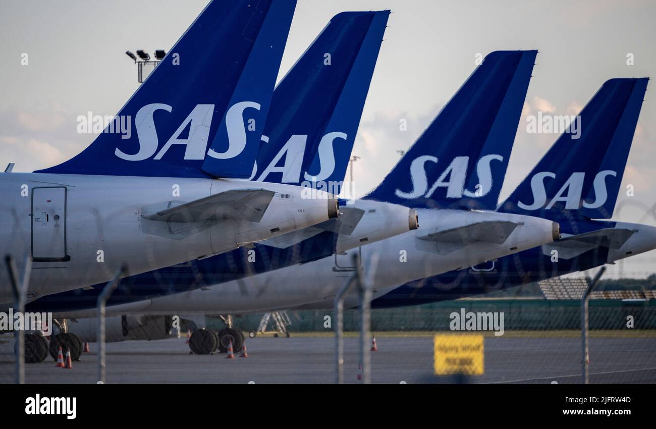 SAS aircraft of the type Airbus A321 and A320 Neo are parked in a row ...