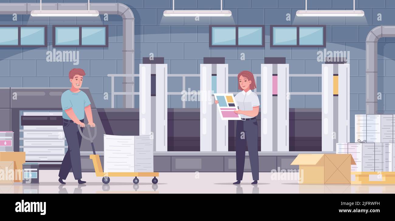 Printing house polygraphy flat cartoon composition two workers in the ...