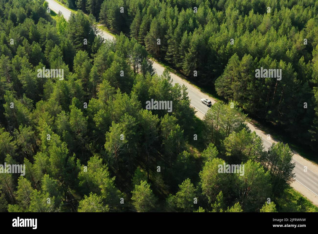 Aerial top view of traffic on summer forest road. Asphalt road with ...