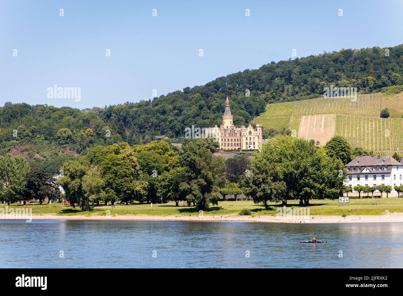 Landscape view of a pretty town on the banks of the Rhine river in ...