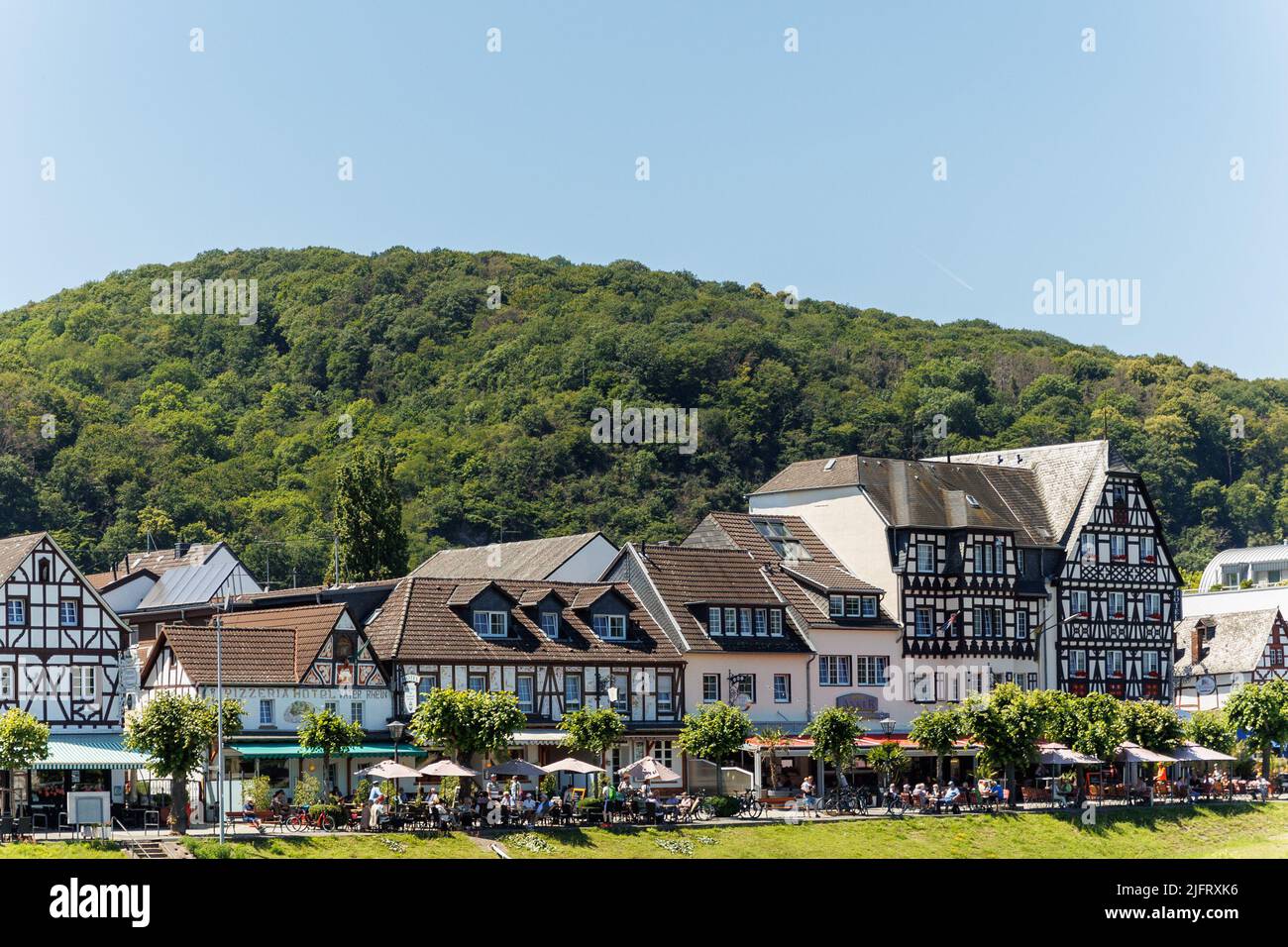 Landscape view of a pretty town on the banks of the Rhine river in ...