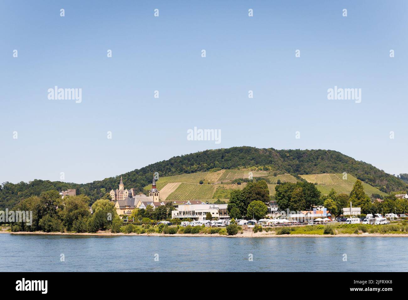 Landscape view of a pretty town on the banks of the Rhine river in ...
