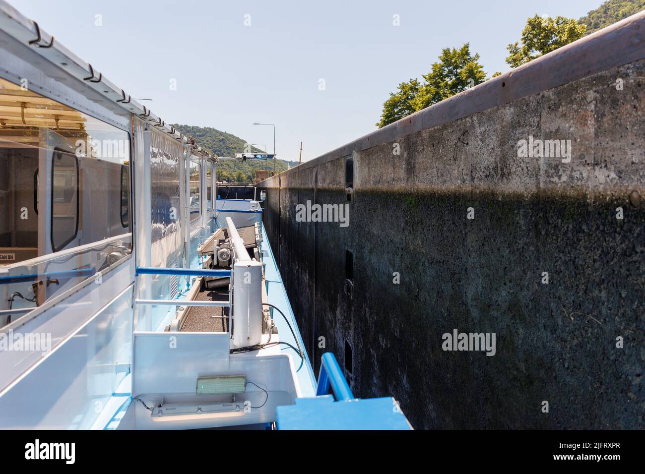 View from a boat inside a lock on the Mosel river between the Rhine and ...