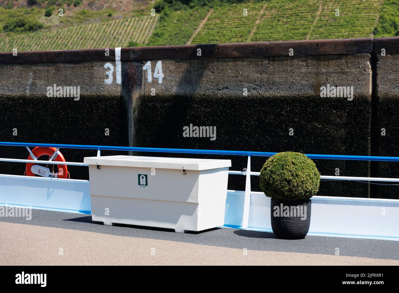 View from a boat inside a lock on the Mosel river between the Rhine and ...