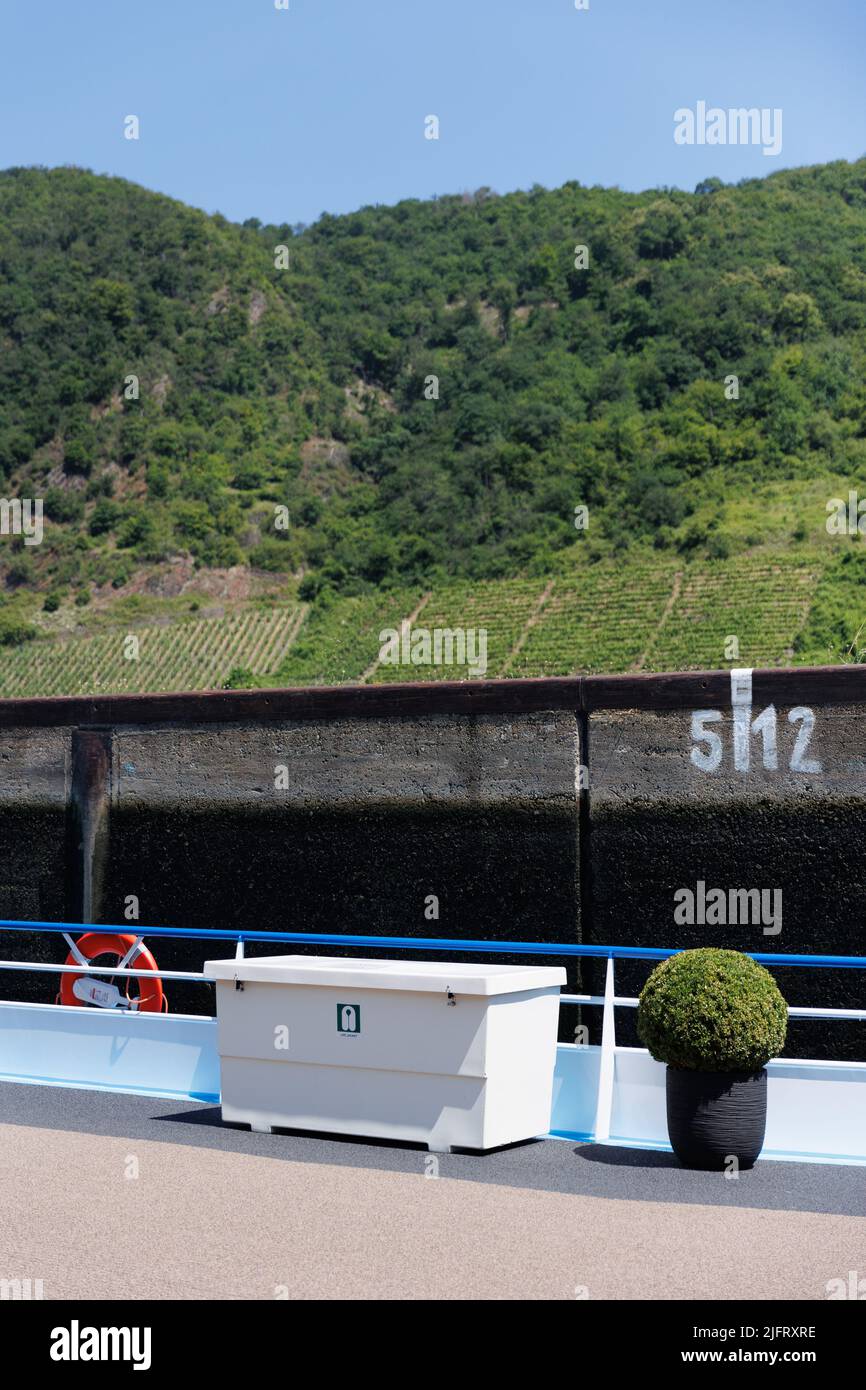View from a boat inside a lock on the Mosel river between the Rhine and ...