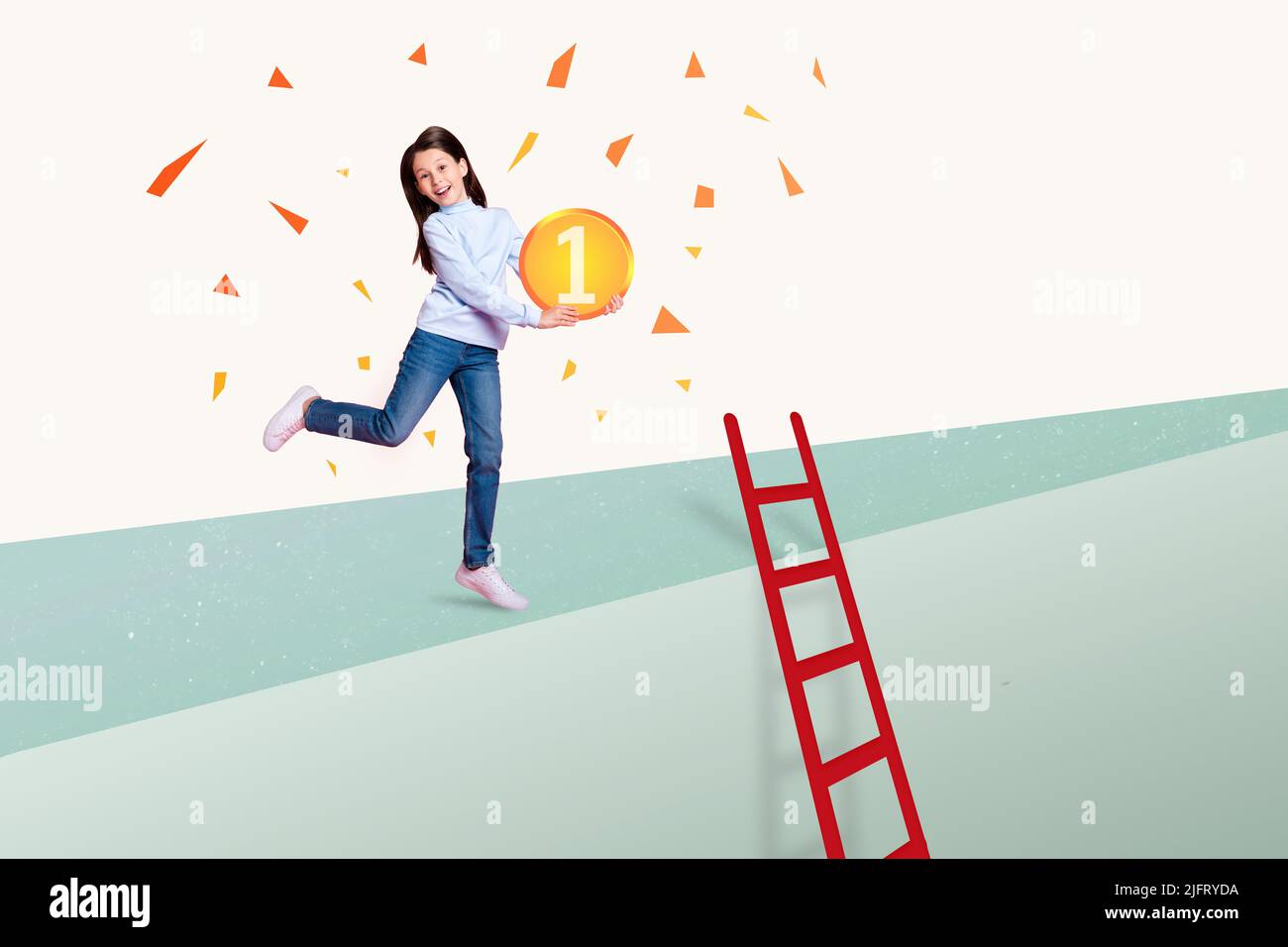 Collage illustration of intelligent happy girl climb painted ladder ...