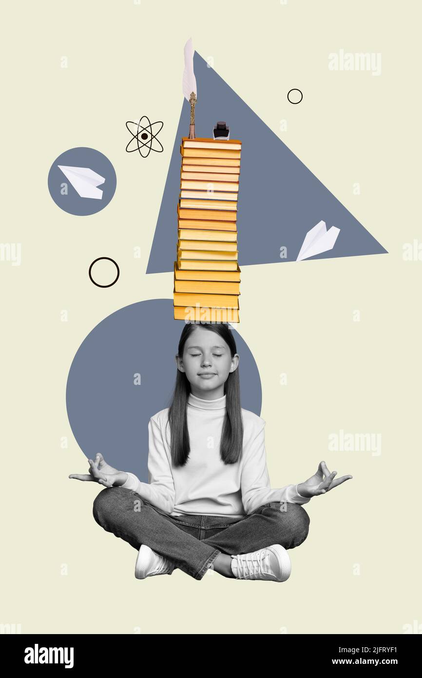 Creative collage of brainy school child feel harmony know pile book ...